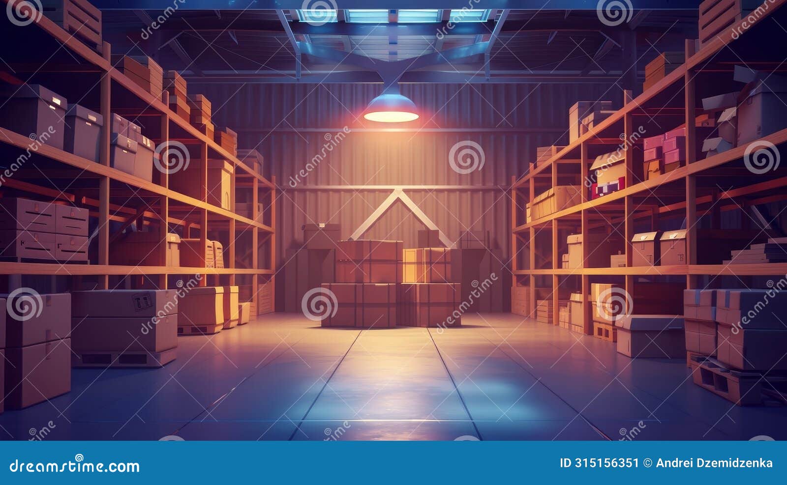 Detailed Image of Warehouse Interior with Boxes on Racks, Ventilation ...