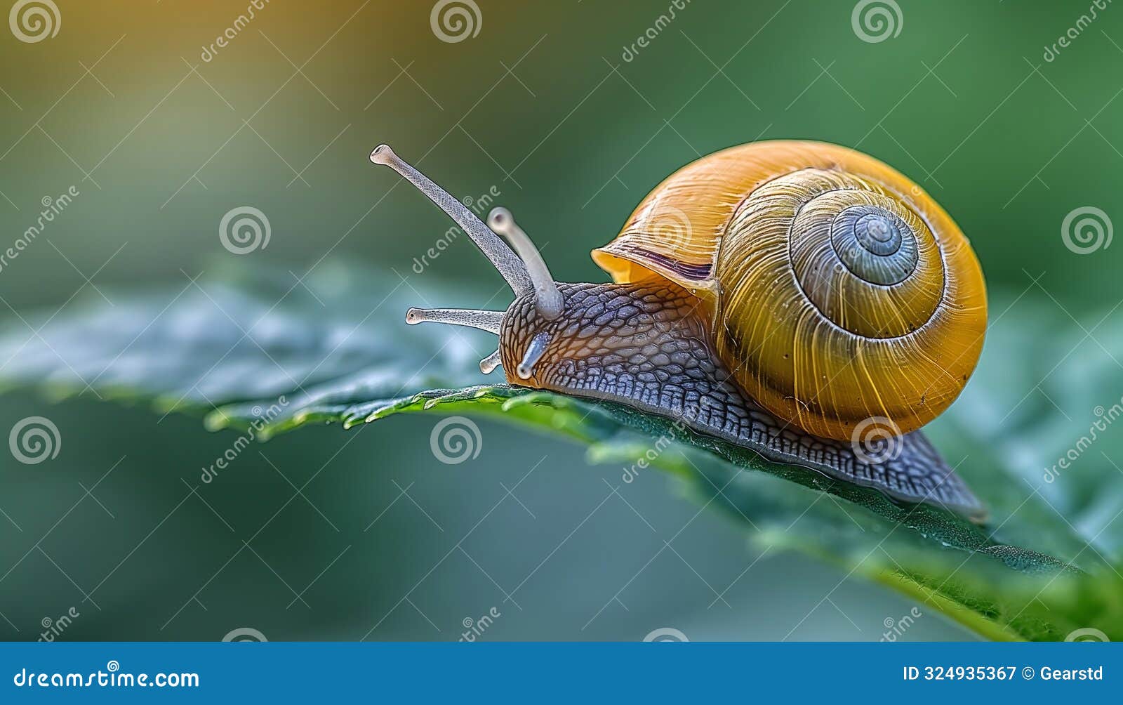 Close-up of a Yellow Snail on a Green Leaf Stock Image - Image of ...