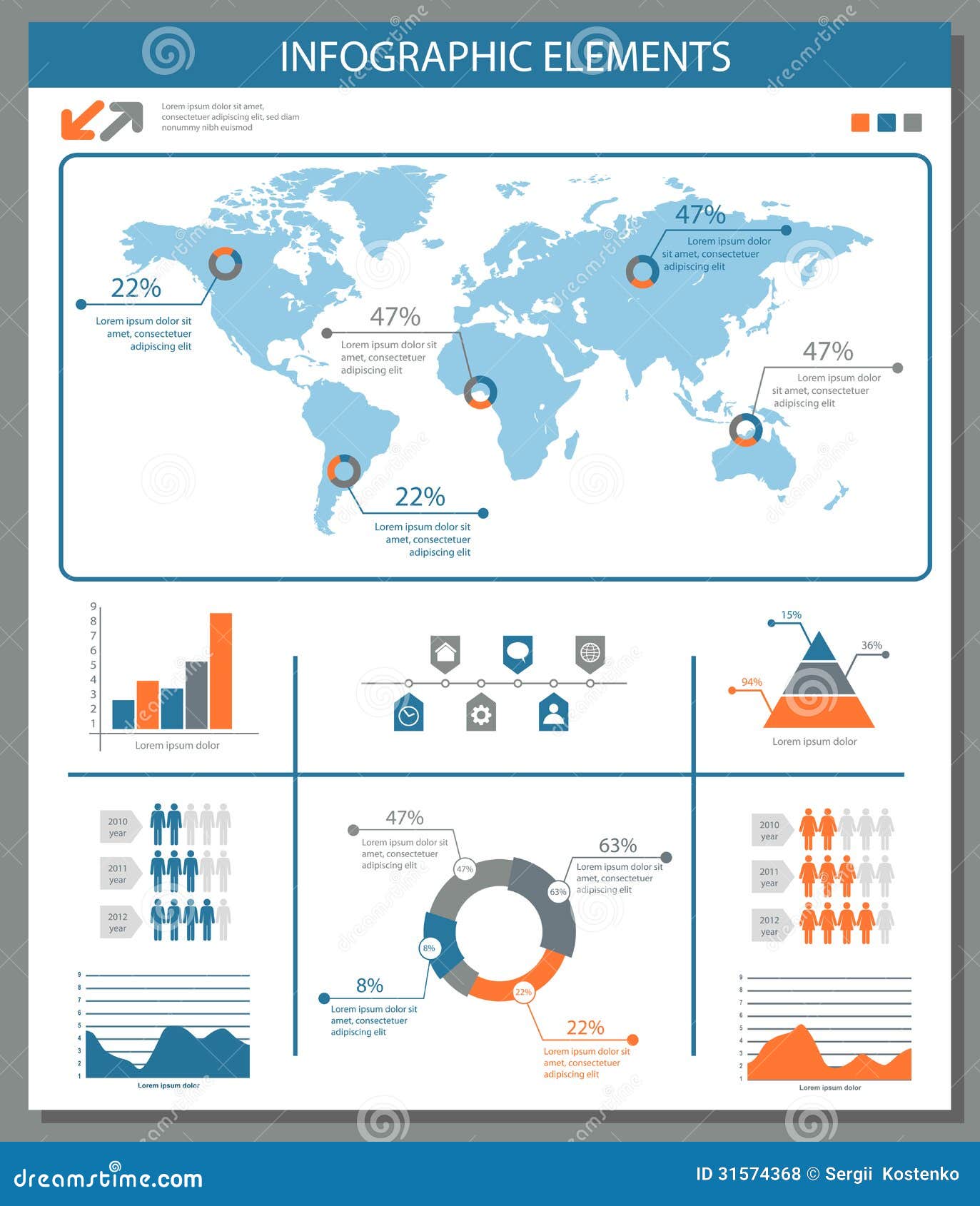 Detailed Infographic Elements Set with World Map Graphics and Ch Stock ...