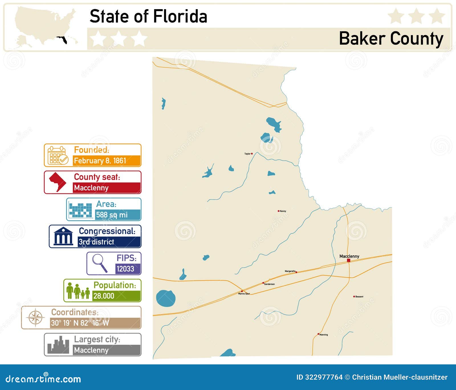 Map of Baker County in Florida USA Stock Illustration - Illustration of ...