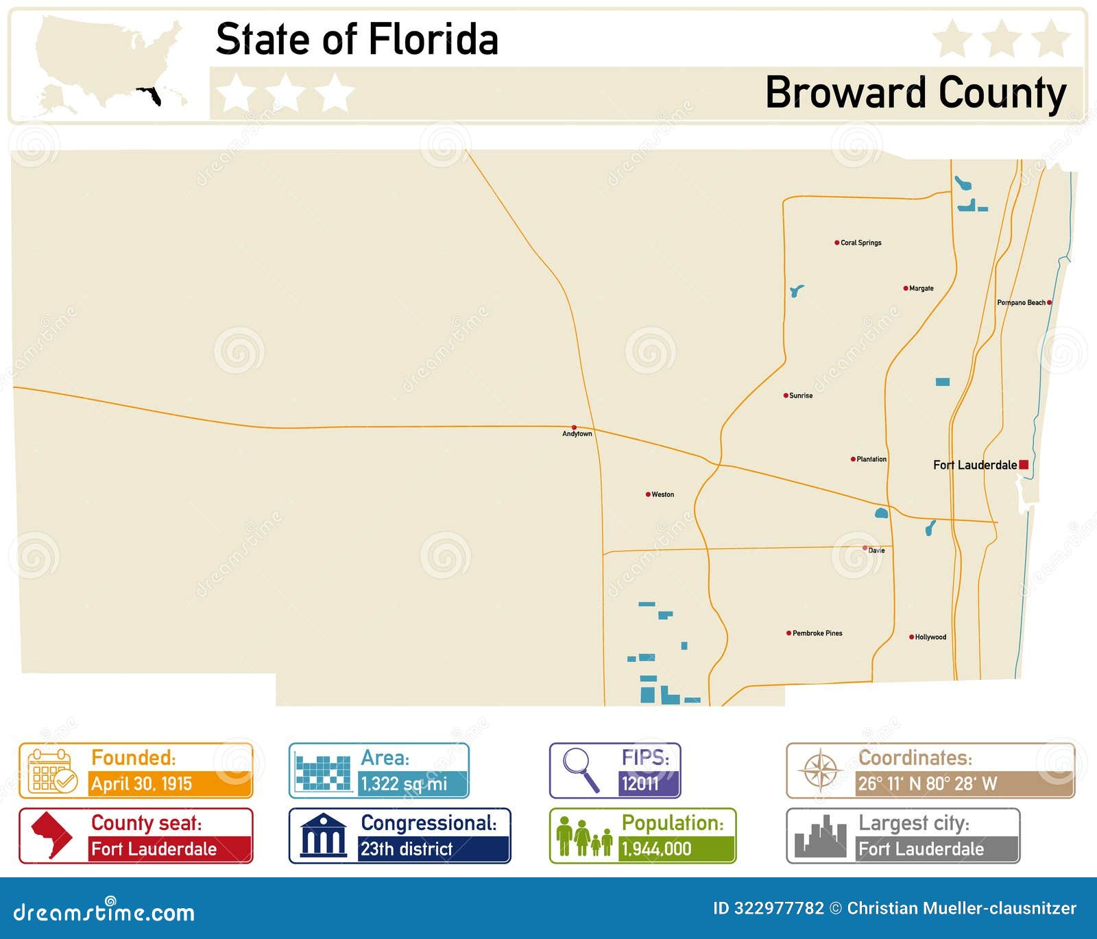 Map of Broward County in Florida USA Stock Illustration - Illustration ...