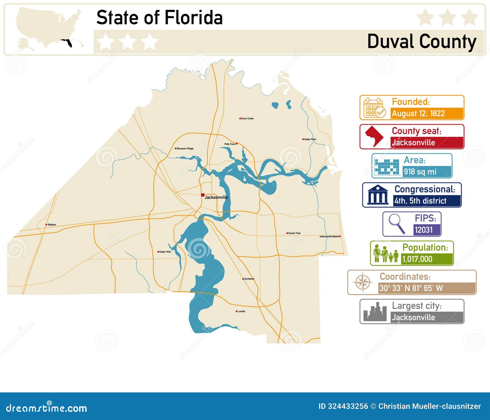 Map of Duval County in Florida USA Stock Vector - Illustration of area ...
