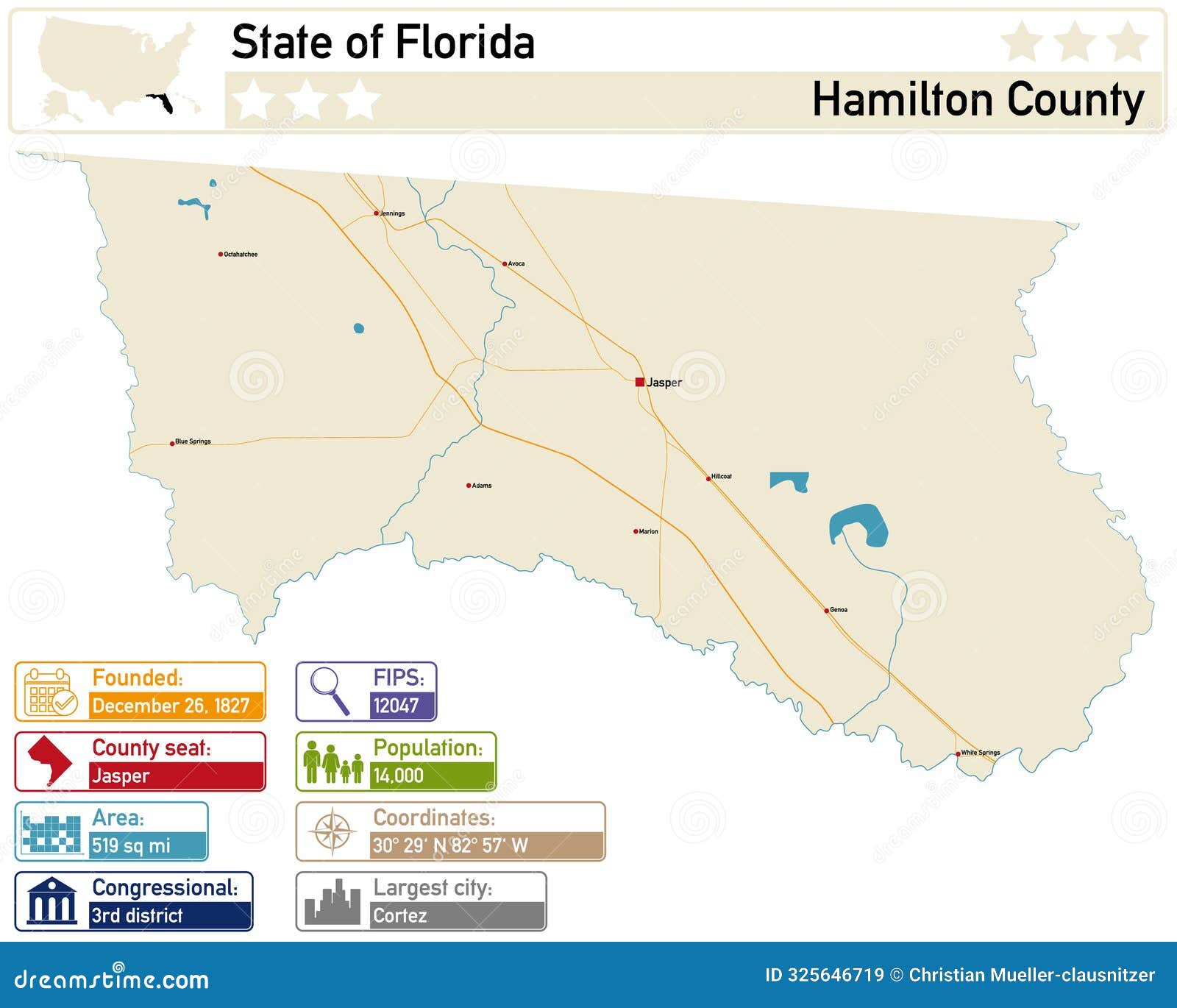 Map of Hamilton County in Florida USA. Stock Illustration - Illustration of america, geography ...
