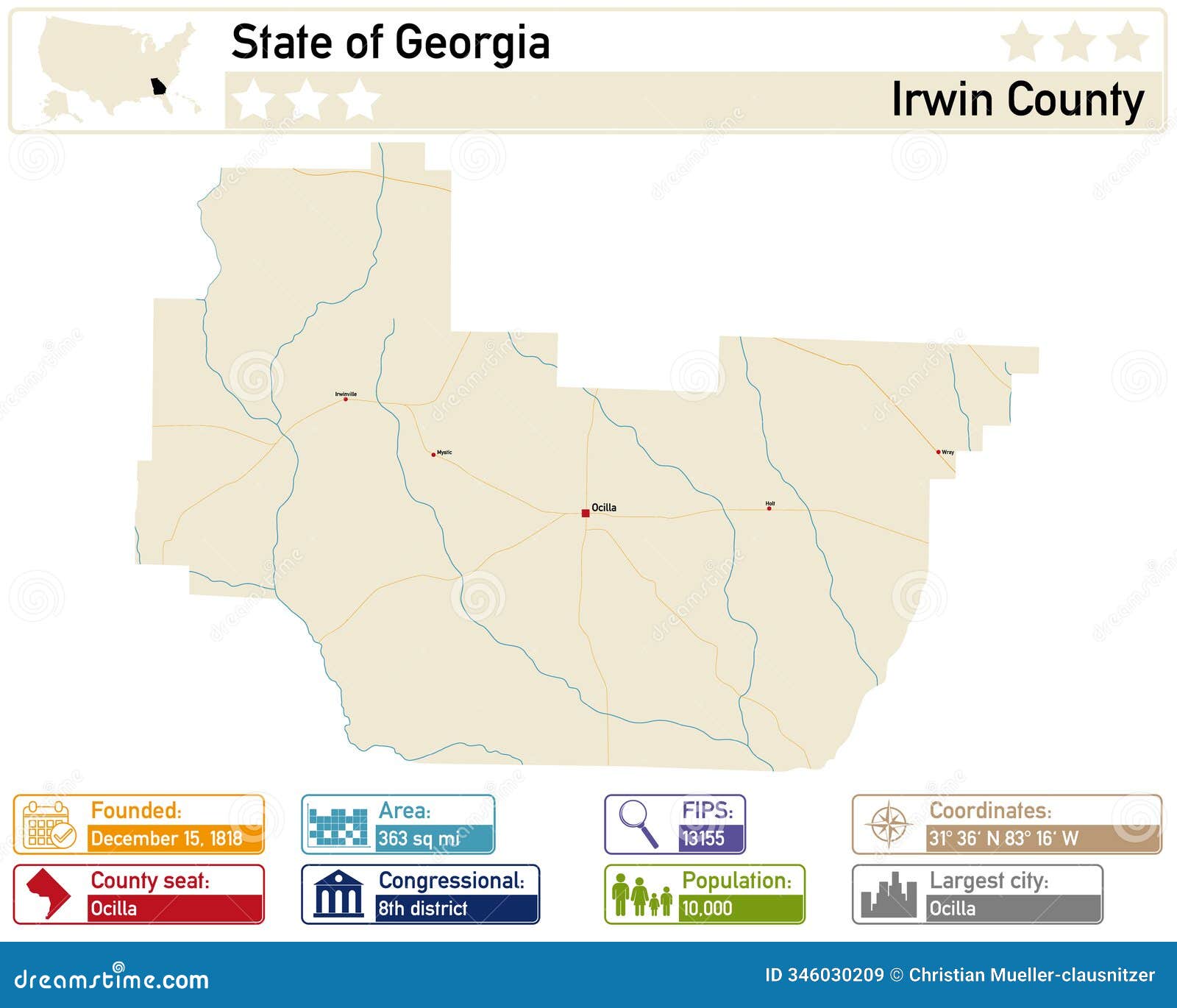 Map Of Irwin County In Georgia State On White Background. Single County ...