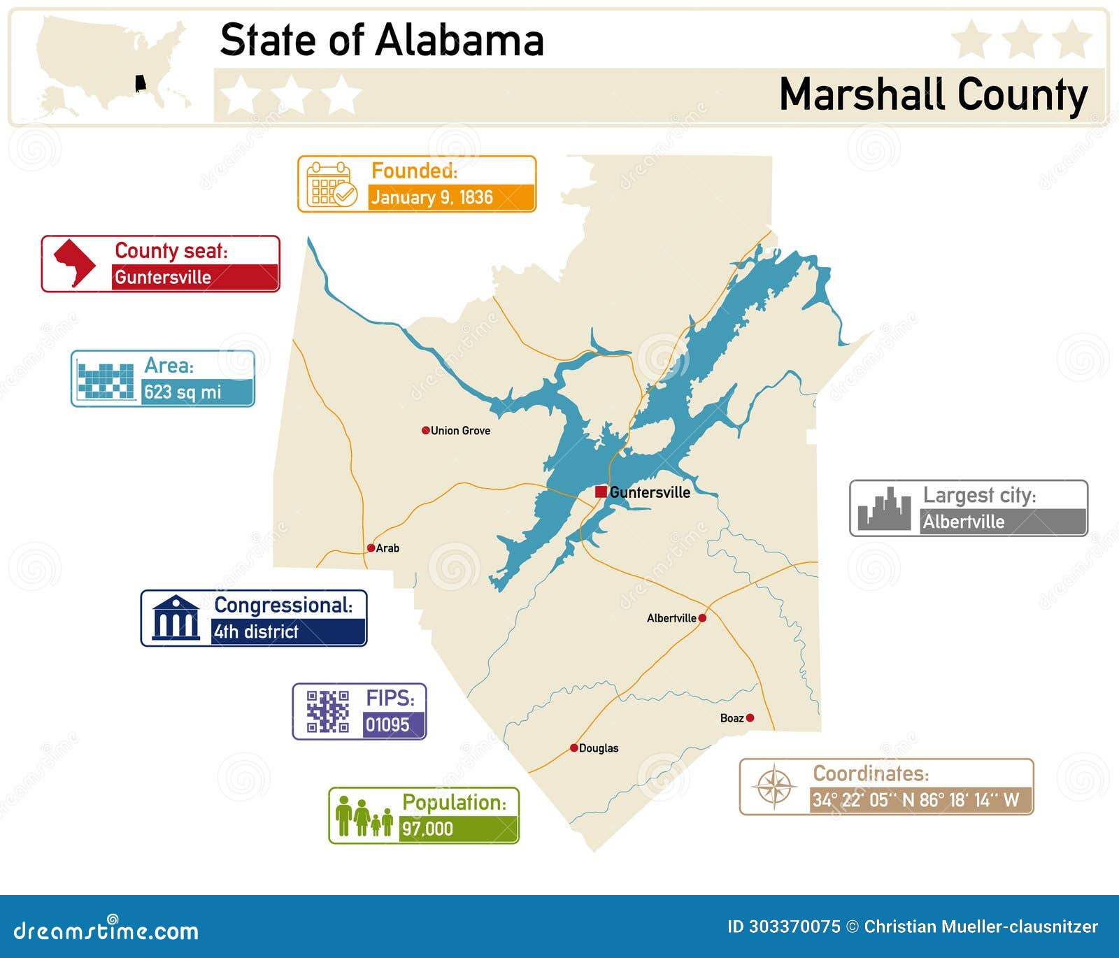 Map of Marshall County in Alabama USA Stock Vector - Illustration of ...