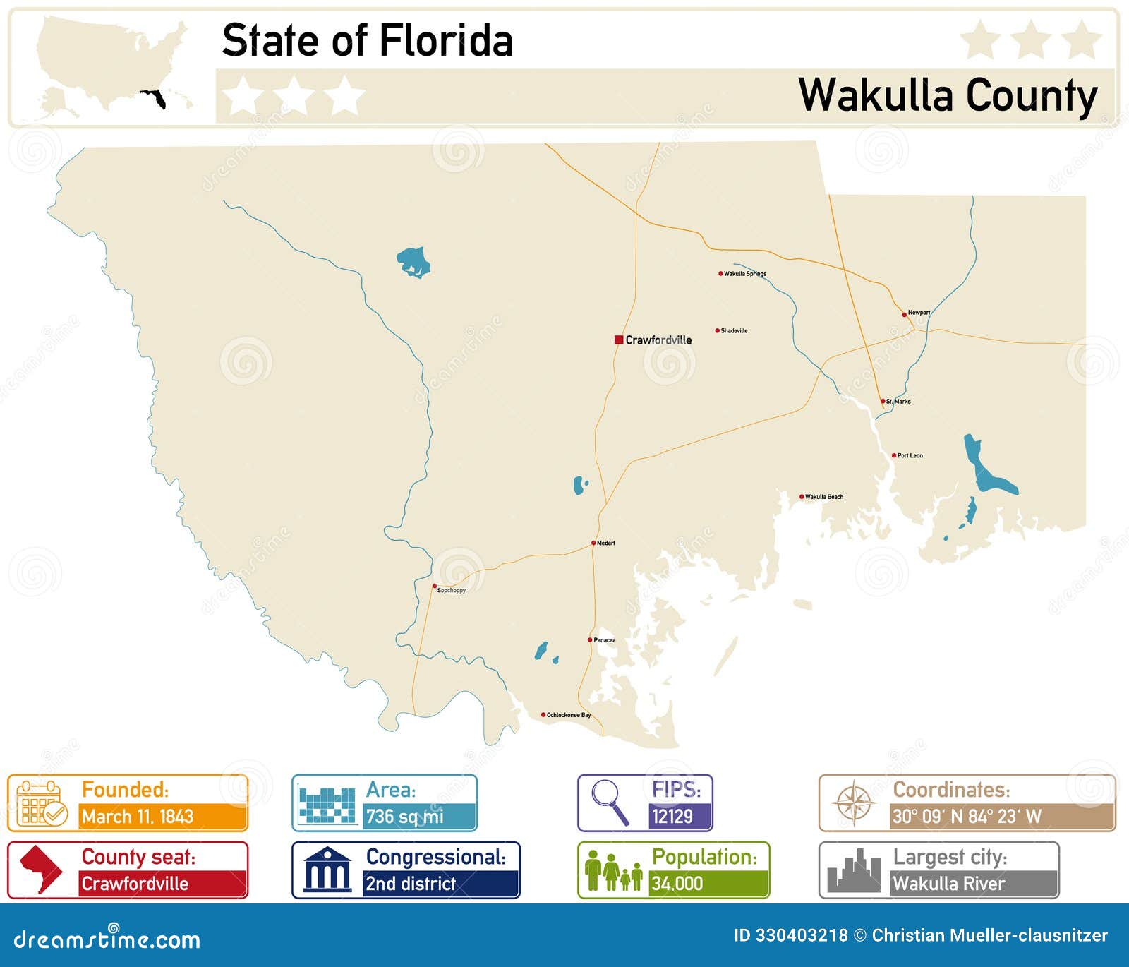 Detailed Infographic and Map of Wakulla County in Florida Stock Vector ...