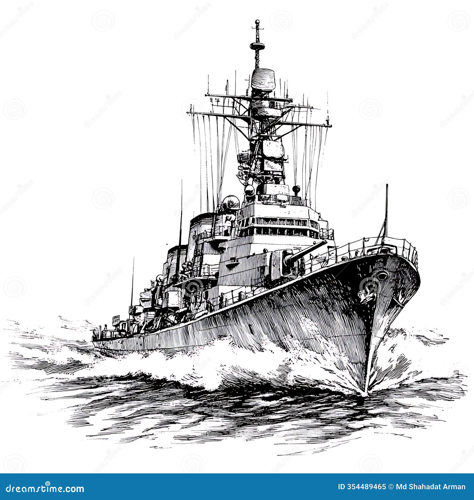 Detailed Ink Drawing of a Warship at Sea Stock Illustration ...