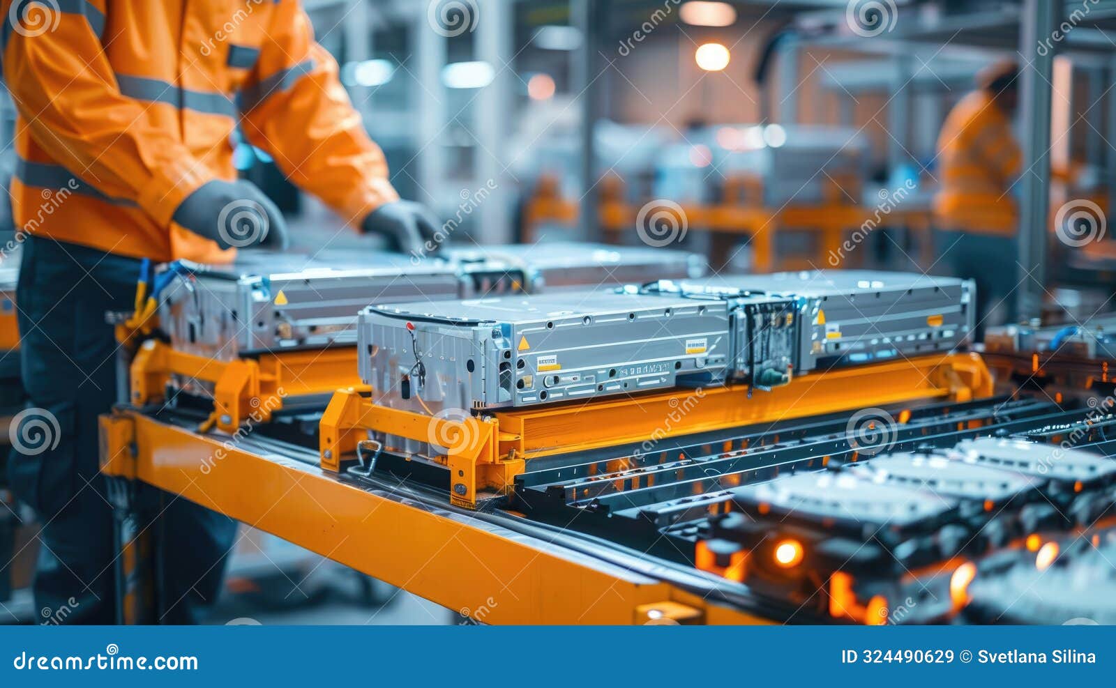 Detailed Inspection of EV Battery Modules by an Engineer on a Workbench ...