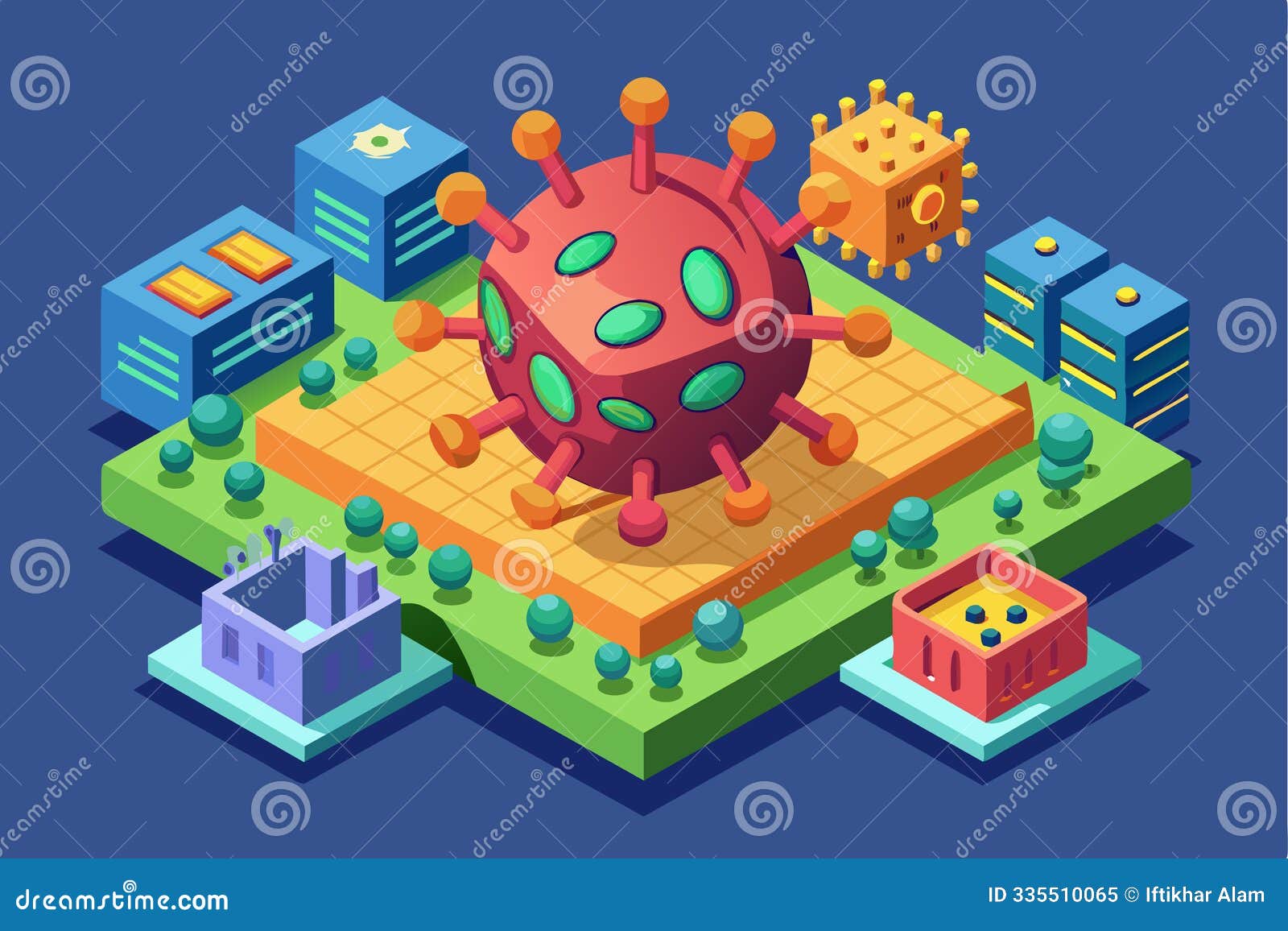 A Detailed Isometric Depiction of a Virus Surrounded by Buildings and ...