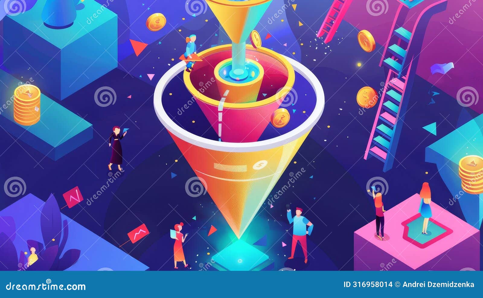 Detailed Isometric Modern Illustration of a Marketing Funnel with Data ...