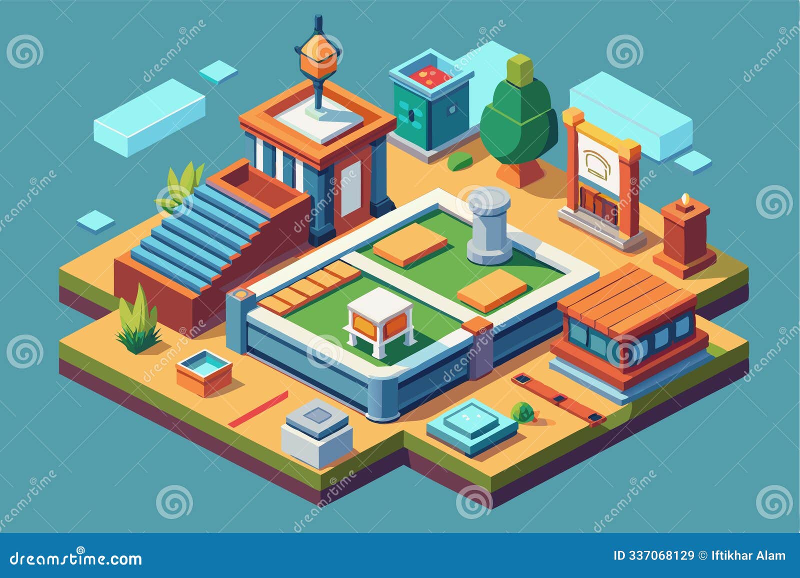 A Detailed Isometric View Showcasing a First-class Outdoor Area with ...