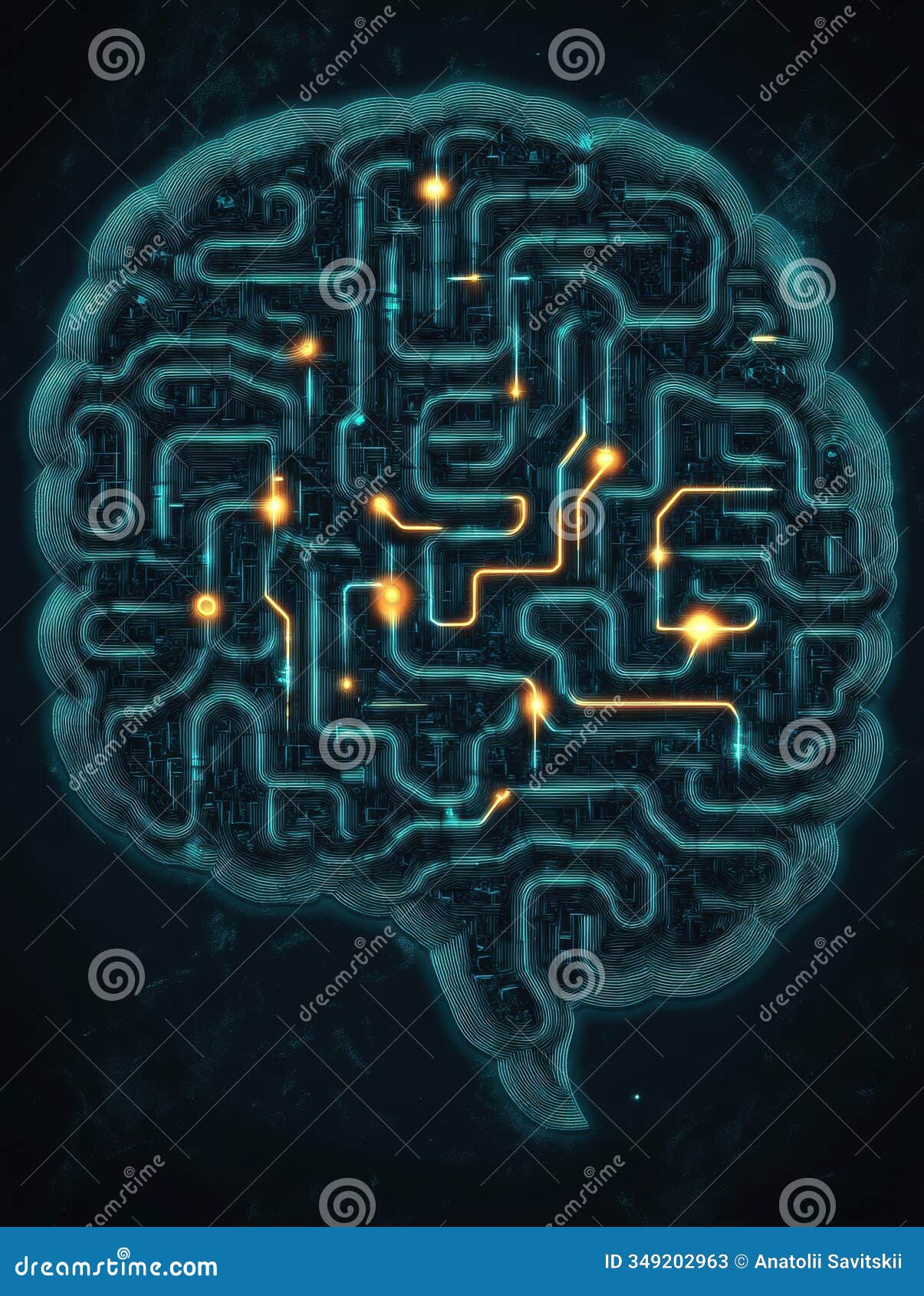 A Detailed Labyrinth Shaped Like a Brain Features Illuminated Pathways ...