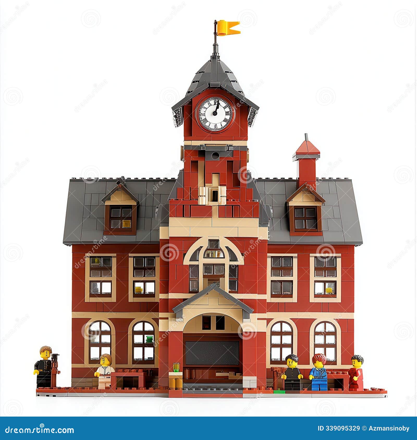 A Detailed LEGO Model Of A Red Clock Tower Building With Minifigures ...