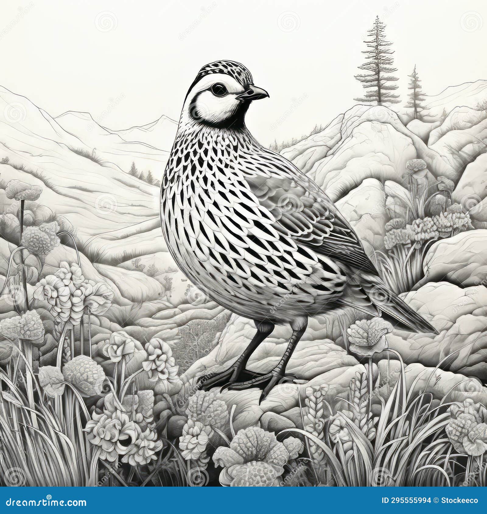 Detailed Line Art Illustration of a Quail Standing on Moss Stock ...