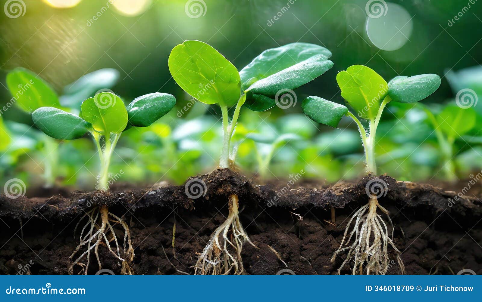 A Detailed Macro Image of Young Plants with Roots in the Soil. Stock ...