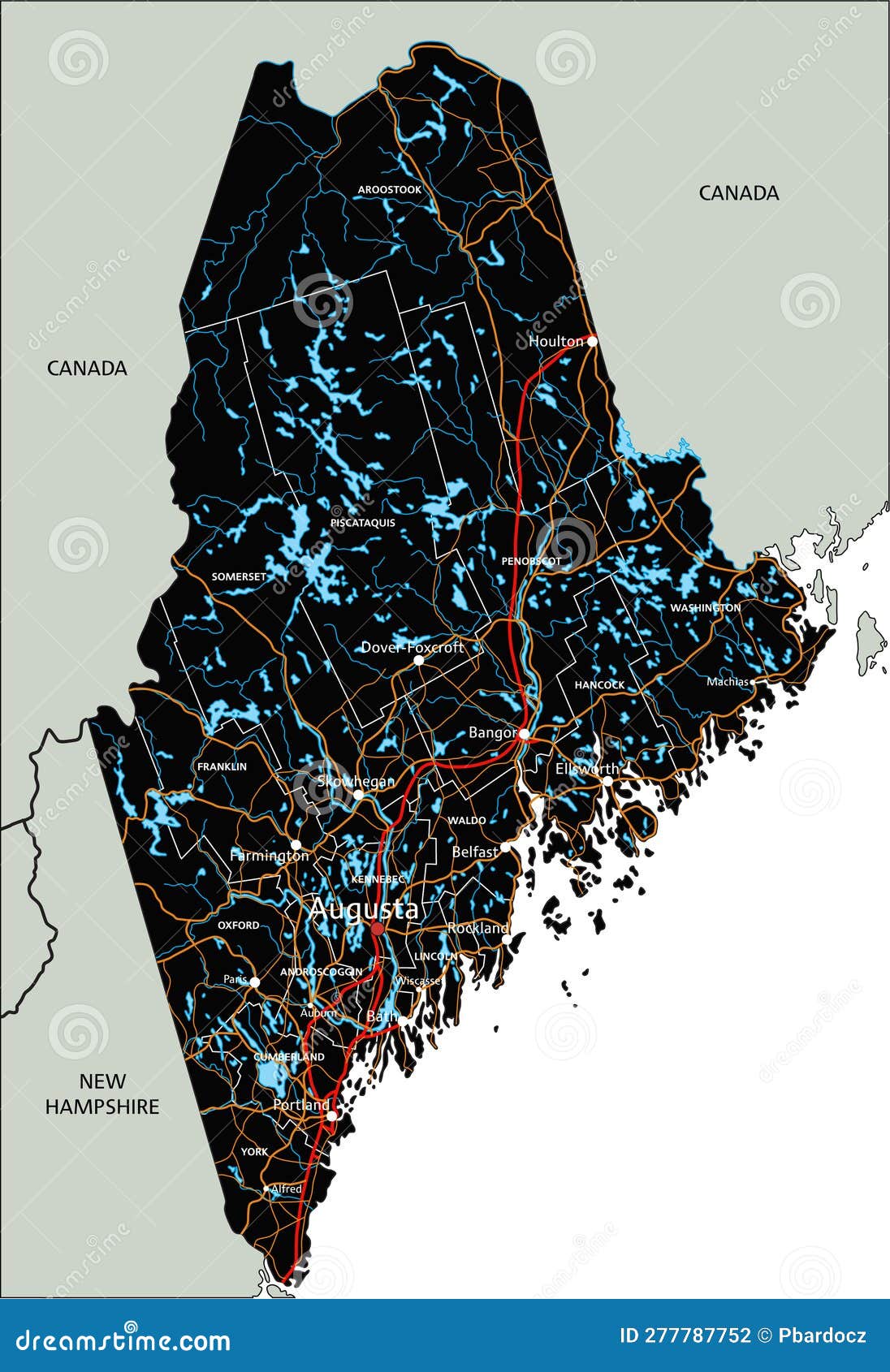 Detailed Maine Road Map with Labeling. Stock Vector - Illustration of ...