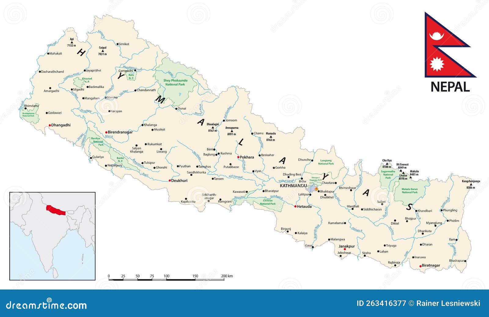 Detailed Map of the Asian Himalayan State of Nepal Stock Vector ...