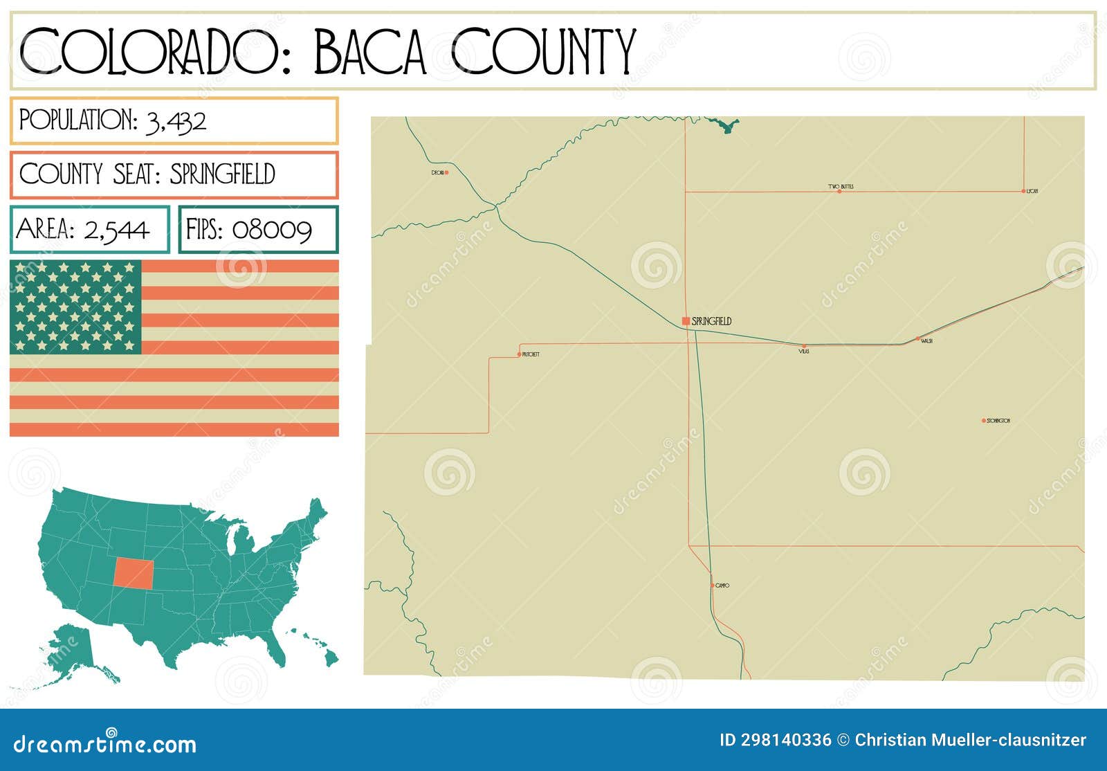 Detailed Map of Baca County in Colorado USA Stock Vector - Illustration ...
