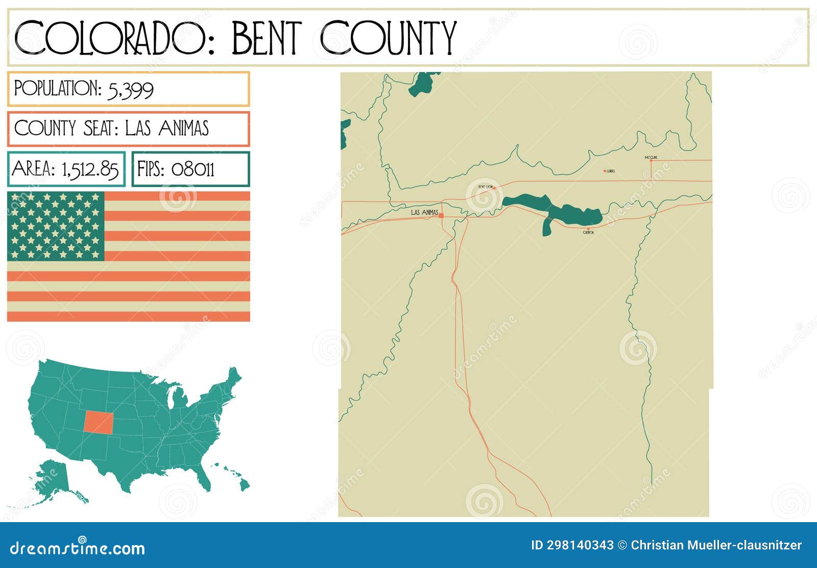 Detailed Map of Bent County in Colorado USA Stock Vector - Illustration ...