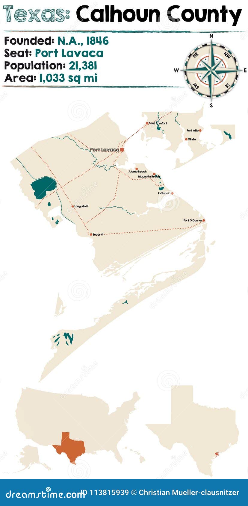 Map of Calhoun County in Texas Stock Vector - Illustration of blue ...
