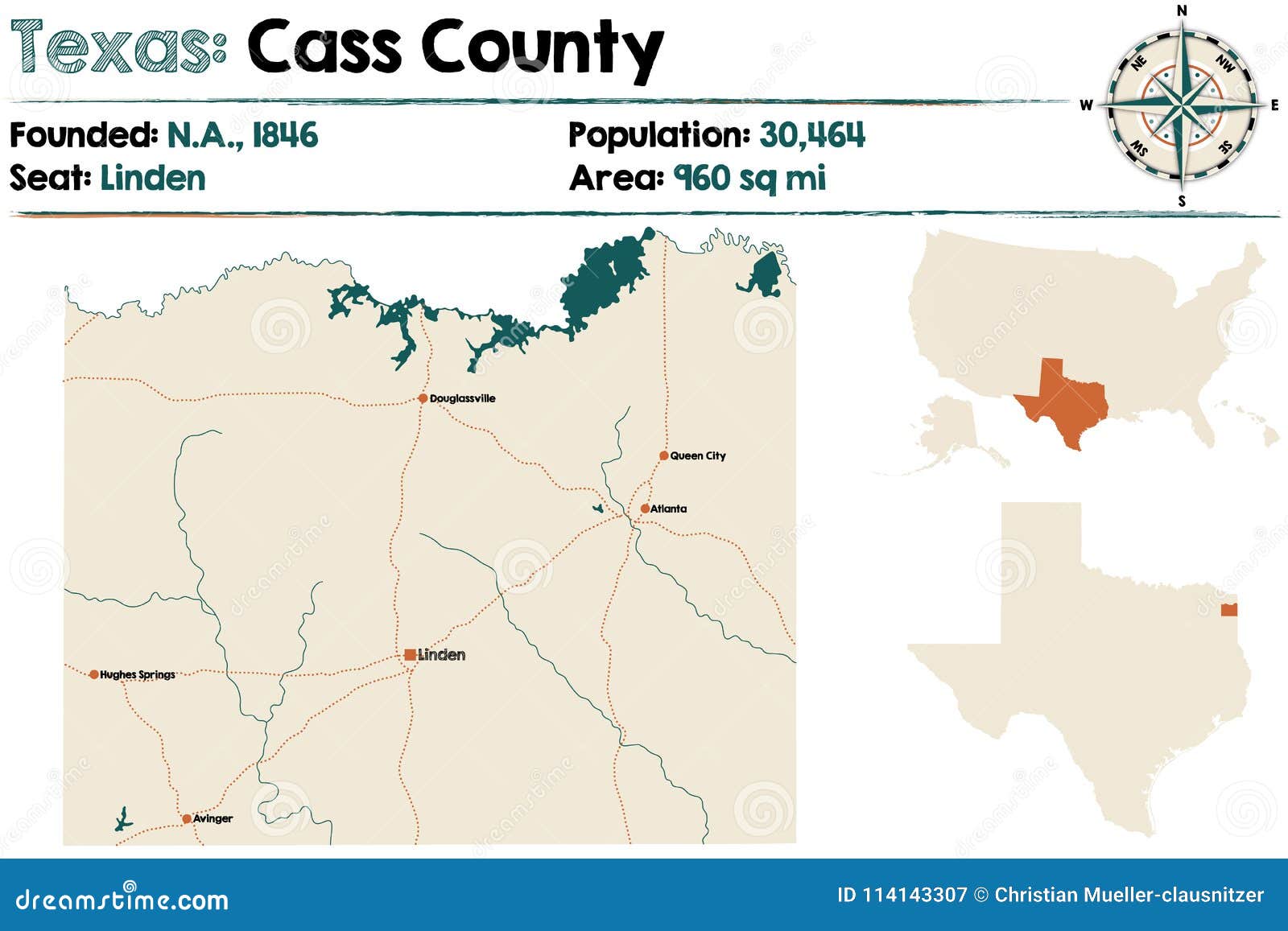 Map of Cass County in Texas Stock Vector - Illustration of cities ...