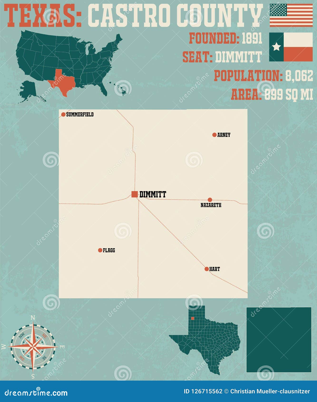 Map Of Castro County In Texas State On White Background. Single County ...