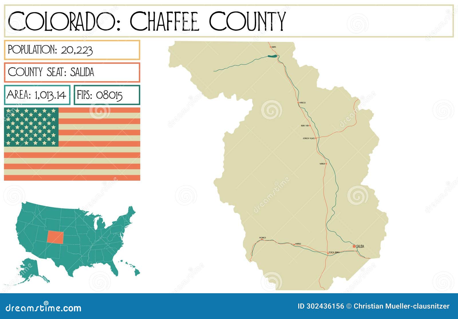 Detailed Map Of Chaffee County In Colorado USA Vector Illustration ...