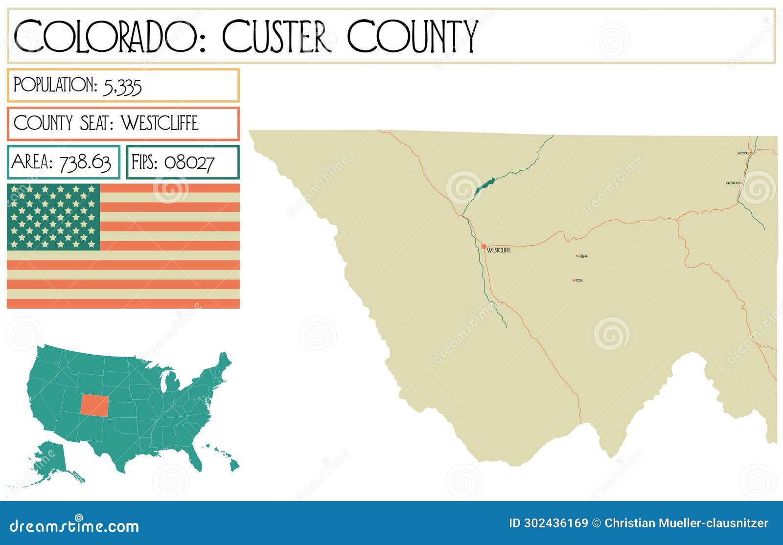 Detailed Map of Custer County in Colorado USA Stock Vector ...