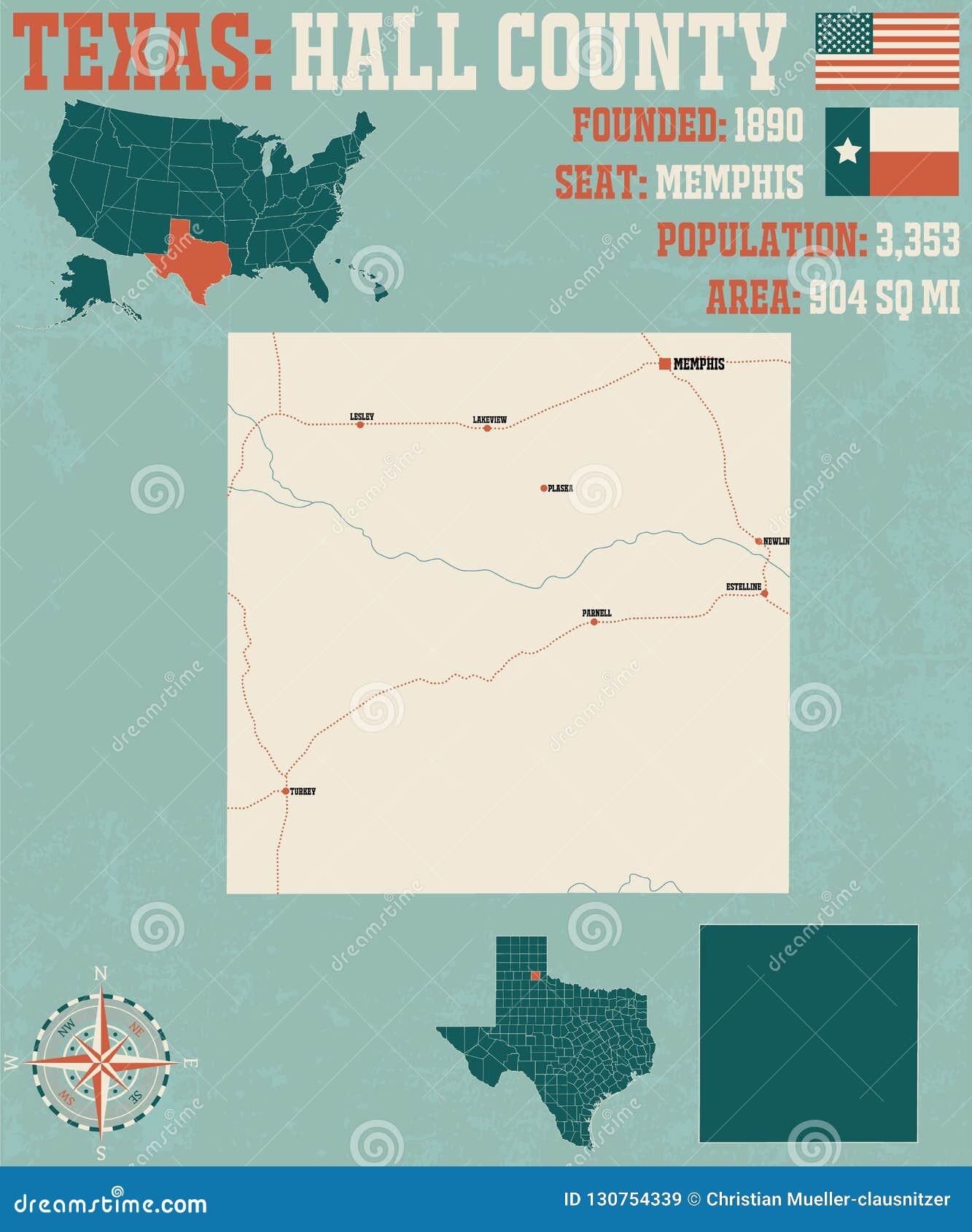 Map of Hall County in Texas Stock Vector - Illustration of nation ...