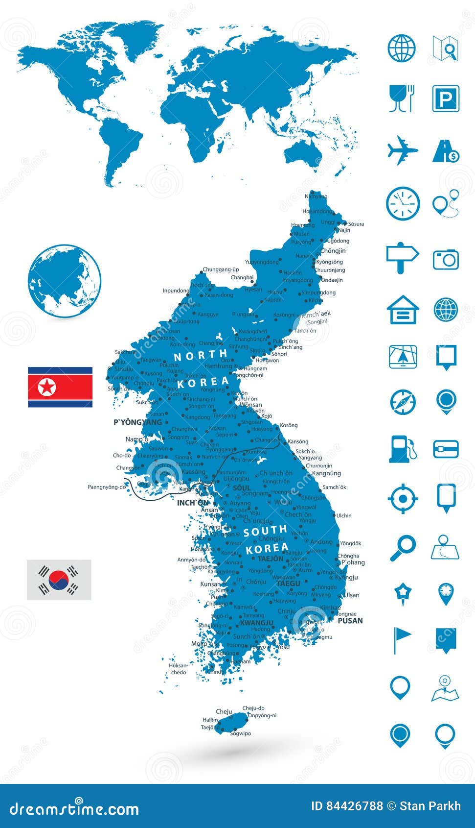 Detailed Map of Korean Peninsula with World Map Navigation Set Stock Vector - Illustration of ...