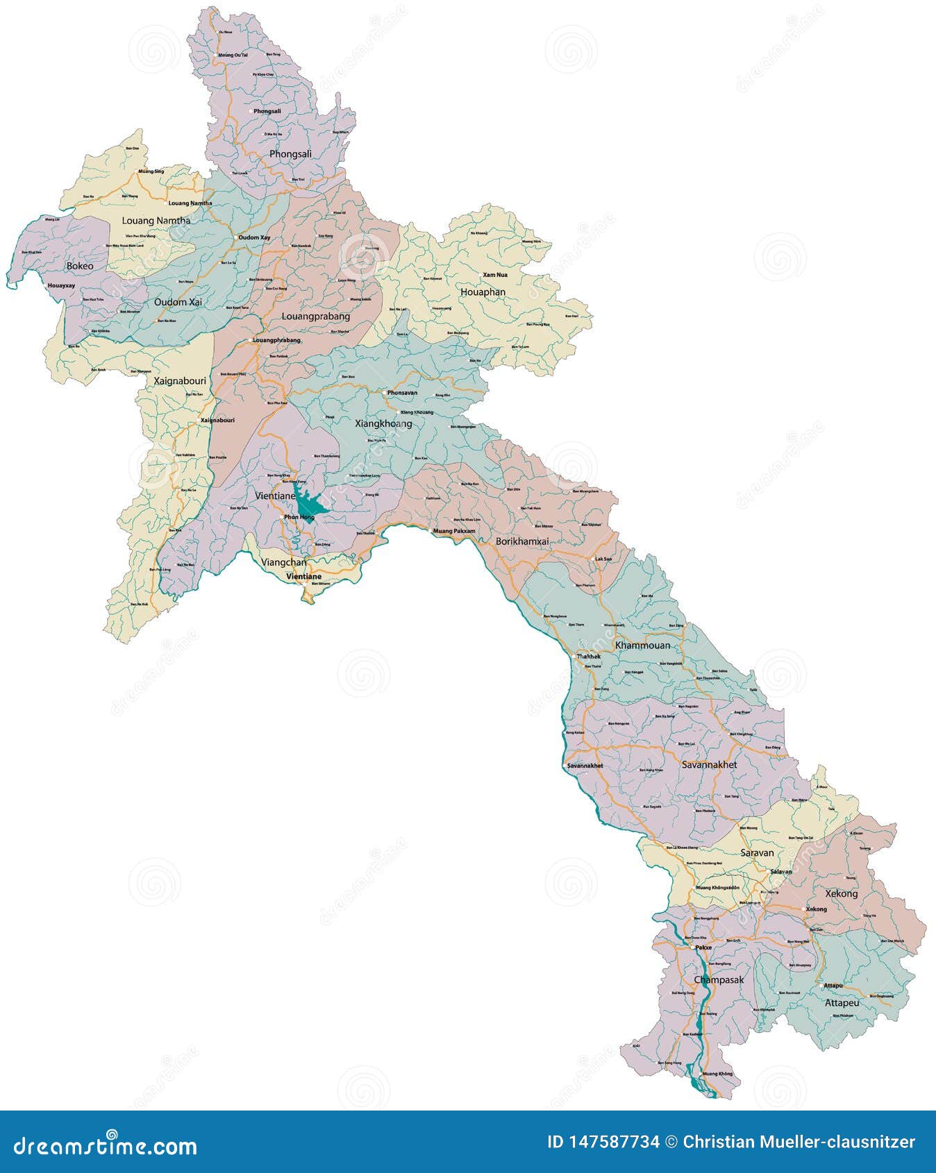 Detailed map of Laos stock vector. Illustration of lakes - 147587734