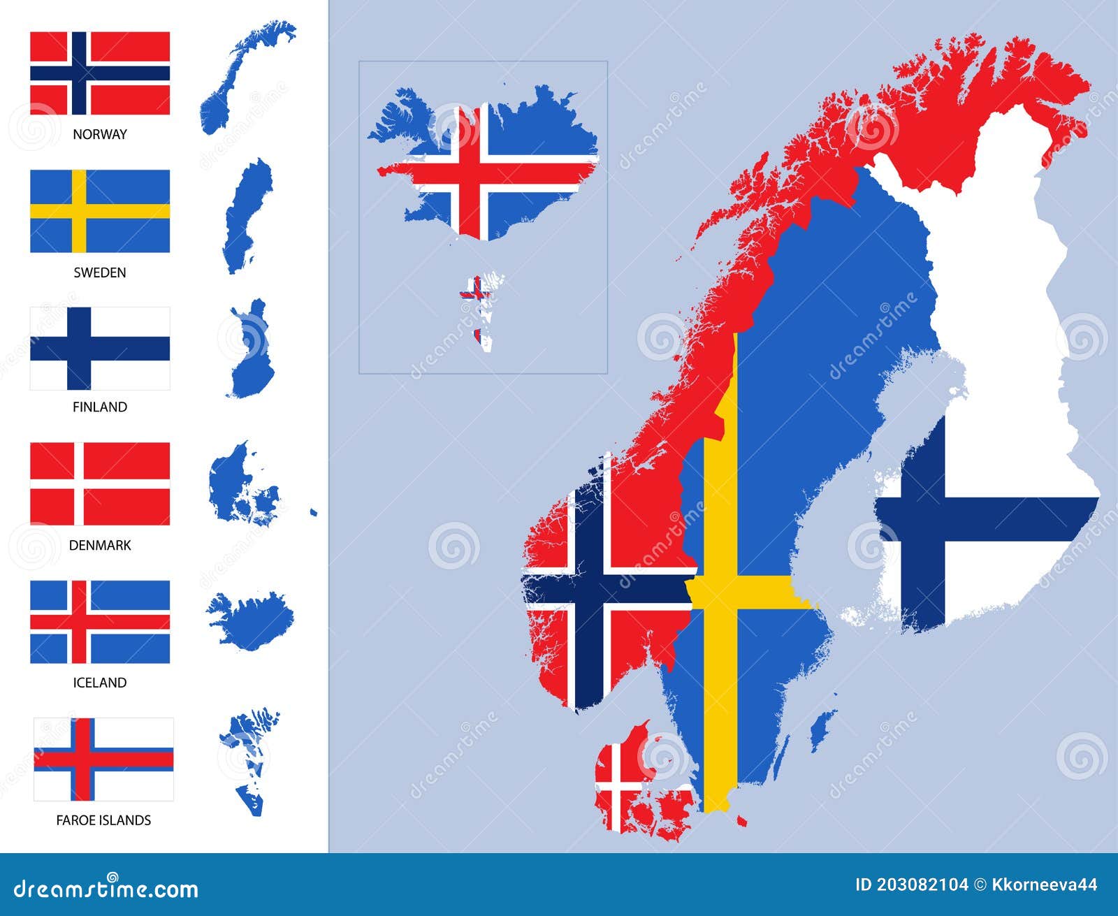Detailed Map Of Scandinavia With Country Silhouettes And Flags Vector ...