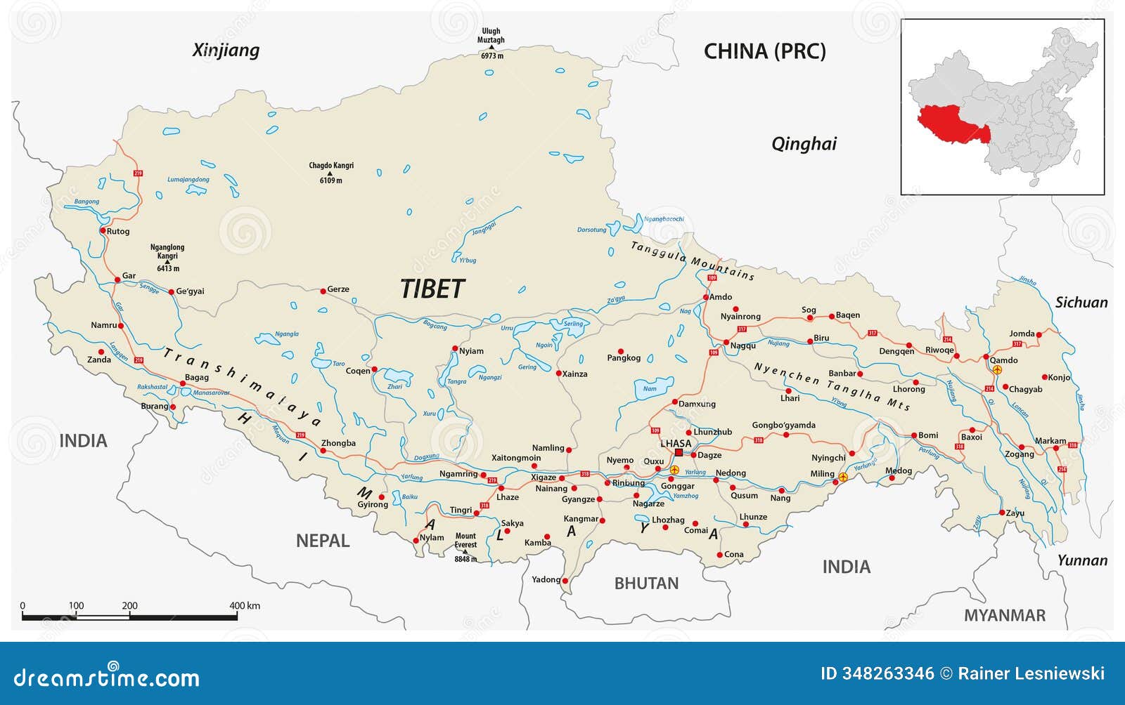 Detailed Map of the Tibet Autonomous Region, China Stock Illustration ...