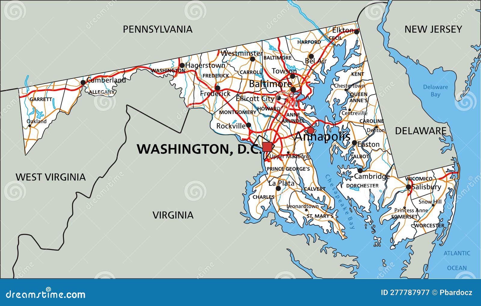 Detailed Maryland Road Map with Labeling. Stock Vector - Illustration ...