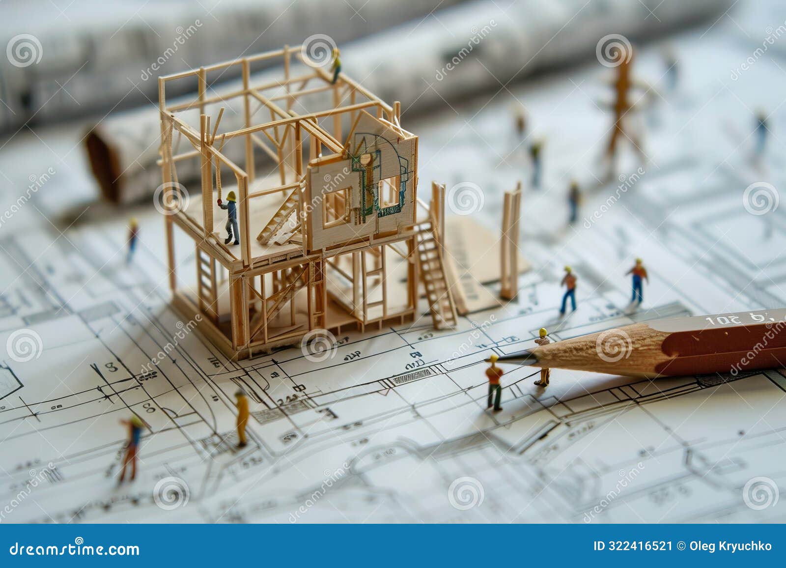 Architectural Model of a House on a Blueprint with Tiny Figures ...