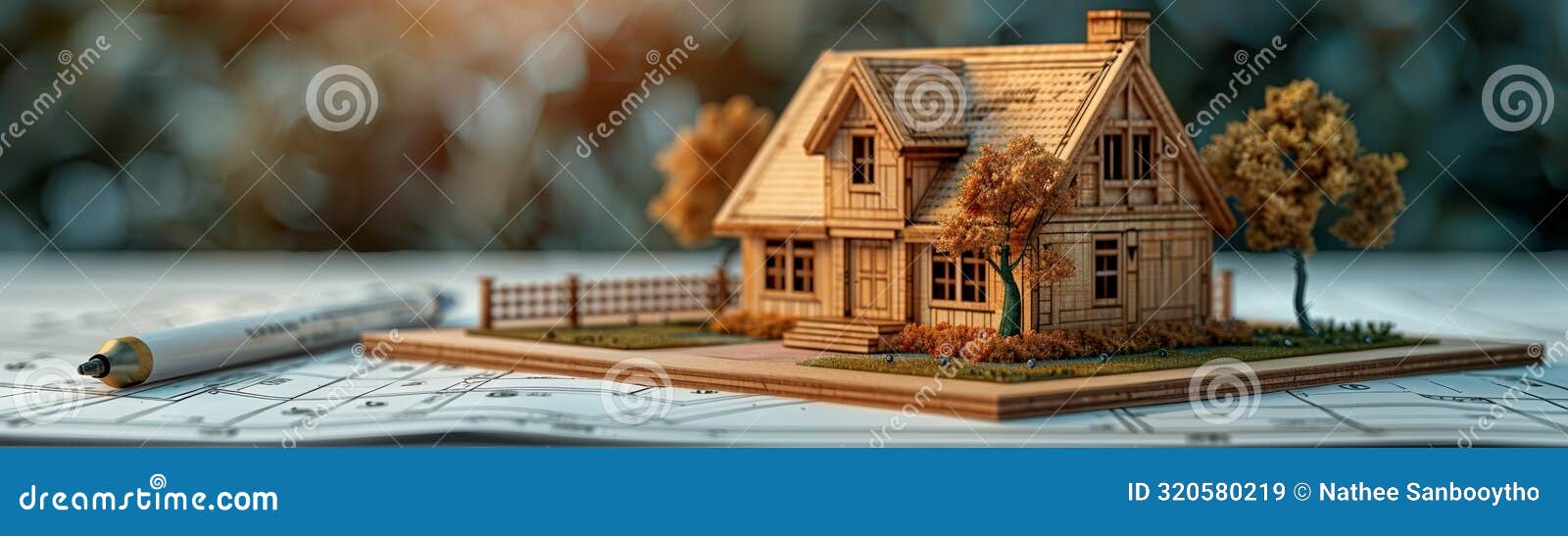 Detailed Model of a House on Architectural Blueprints, Surrounded by ...