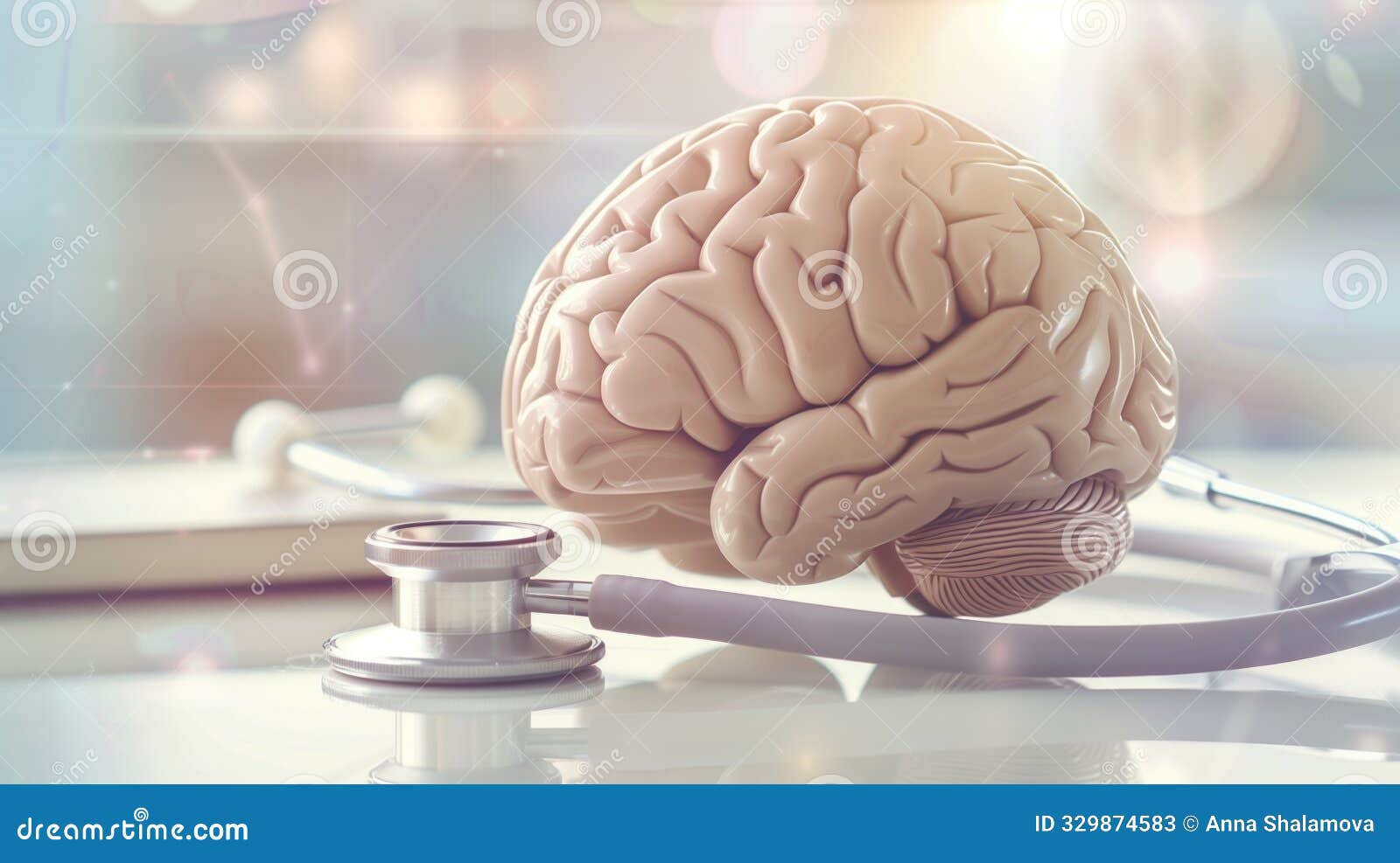 Detailed Model of a Human Brain with a Stethoscope on a Blurred Medical ...