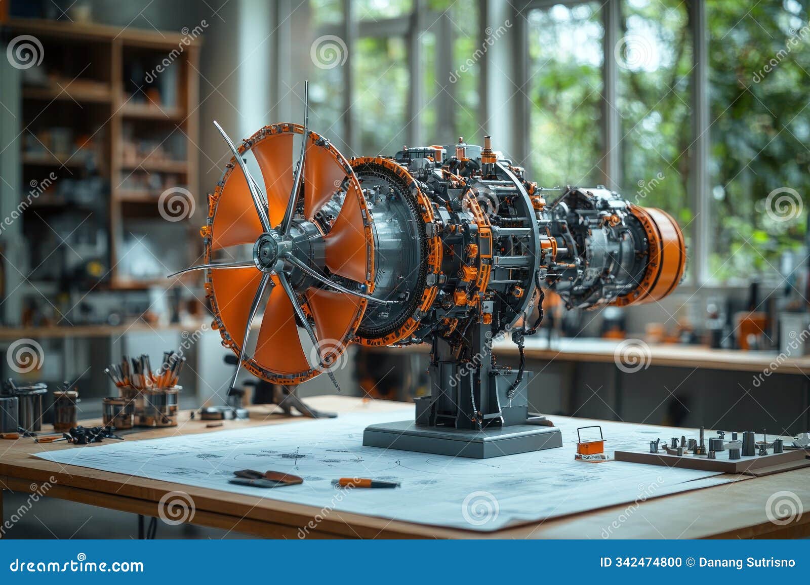 A Detailed Model of a Jet Engine Sits on a Table with Blueprints, Tools ...