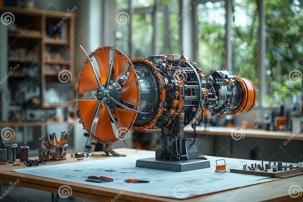 A Detailed Model of a Jet Engine Sits on a Table with Blueprints, Tools ...