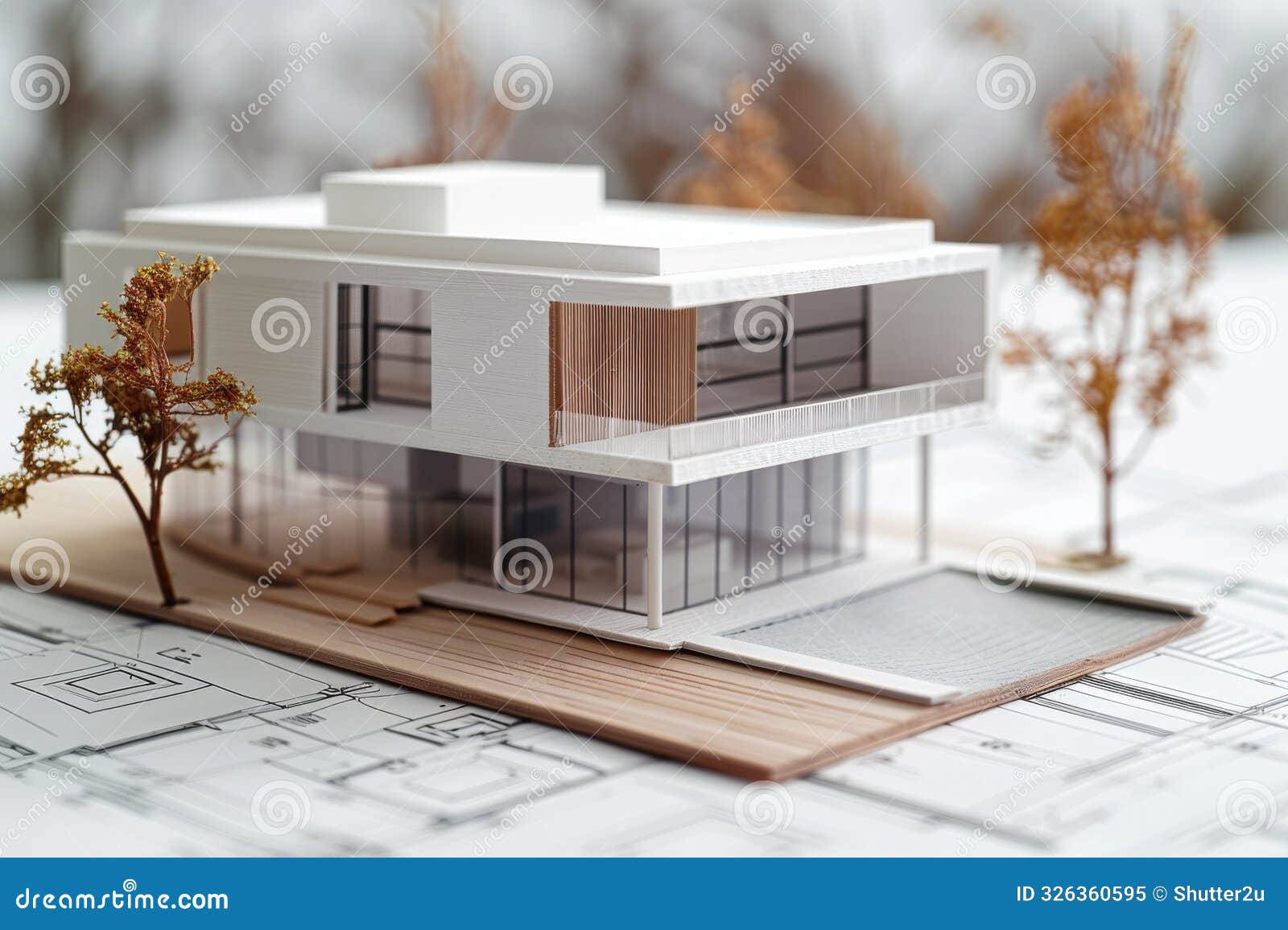 Detailed Model of a Modern House Over Its Blueprints Representing ...