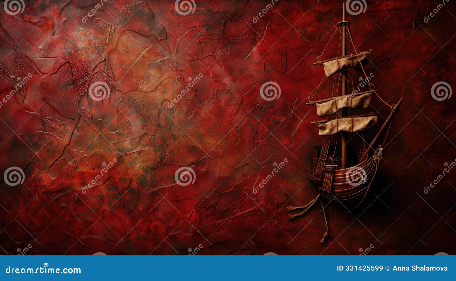 Detailed Model of an Old Sailing Ship Against a Vibrant Textured Red ...