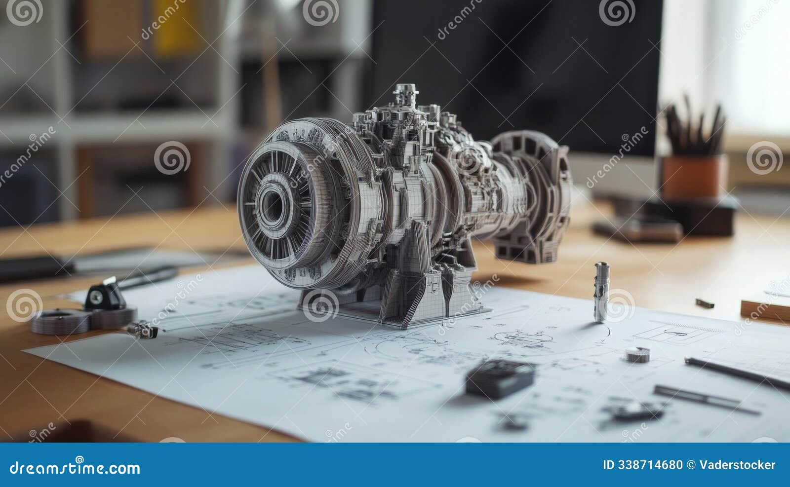 Detailed Model of a Turbine Engine on a Technical Drawing Stock ...