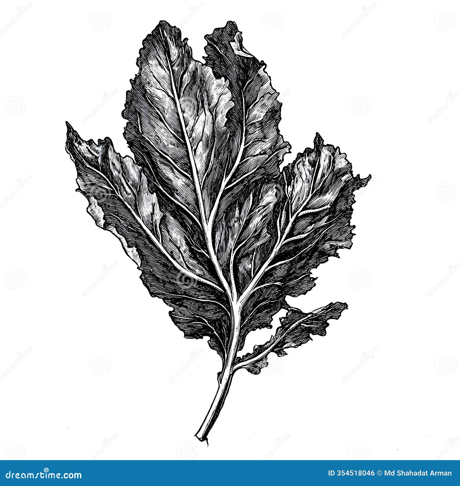 Detailed Monochrome Drawing of a Single Kale Leaf Ink Scketch Stock ...