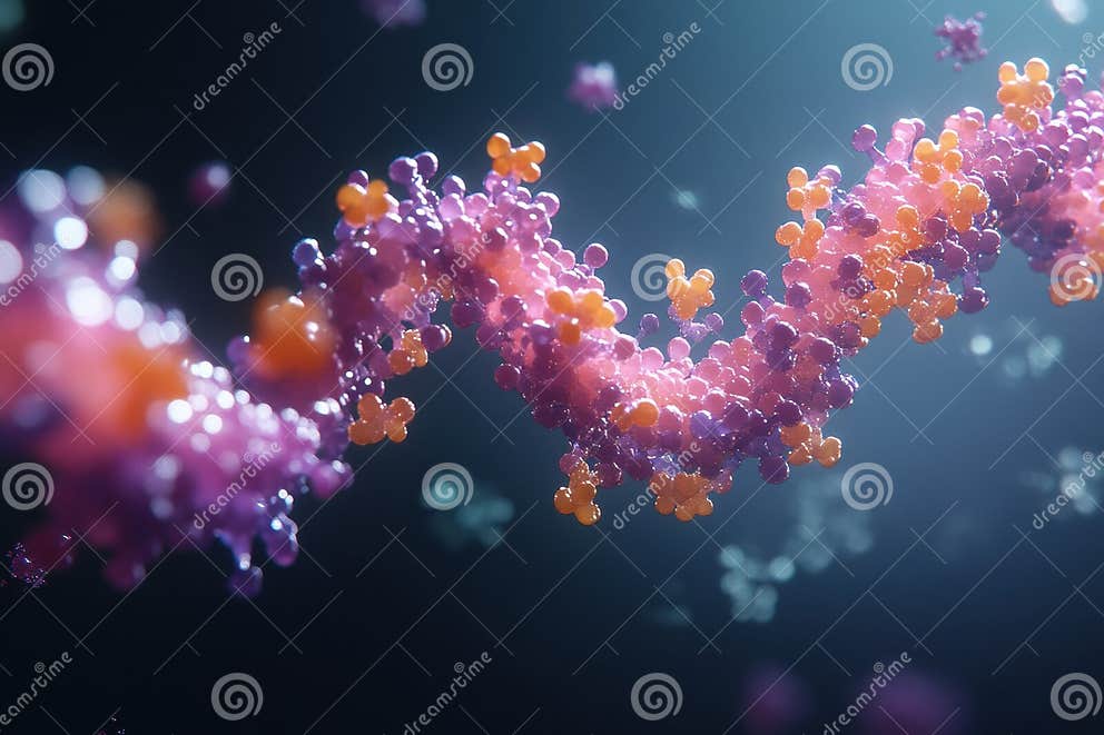 Close Up View of a Molecular RNA Chain with Surrounding Viruses in a ...
