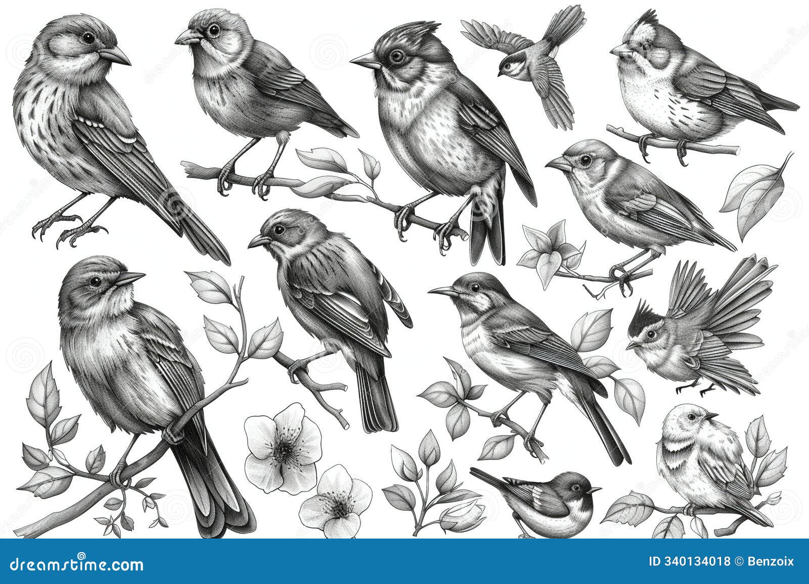 A Detailed Outline Drawing of Different Types of Birds. Stock Photo ...