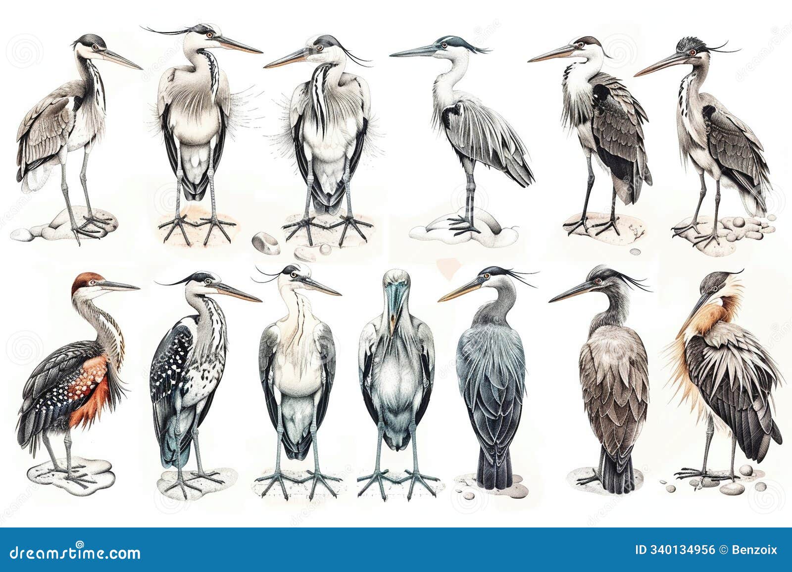 A Detailed Outline Drawing of Different Types of Birds. Stock Photo ...