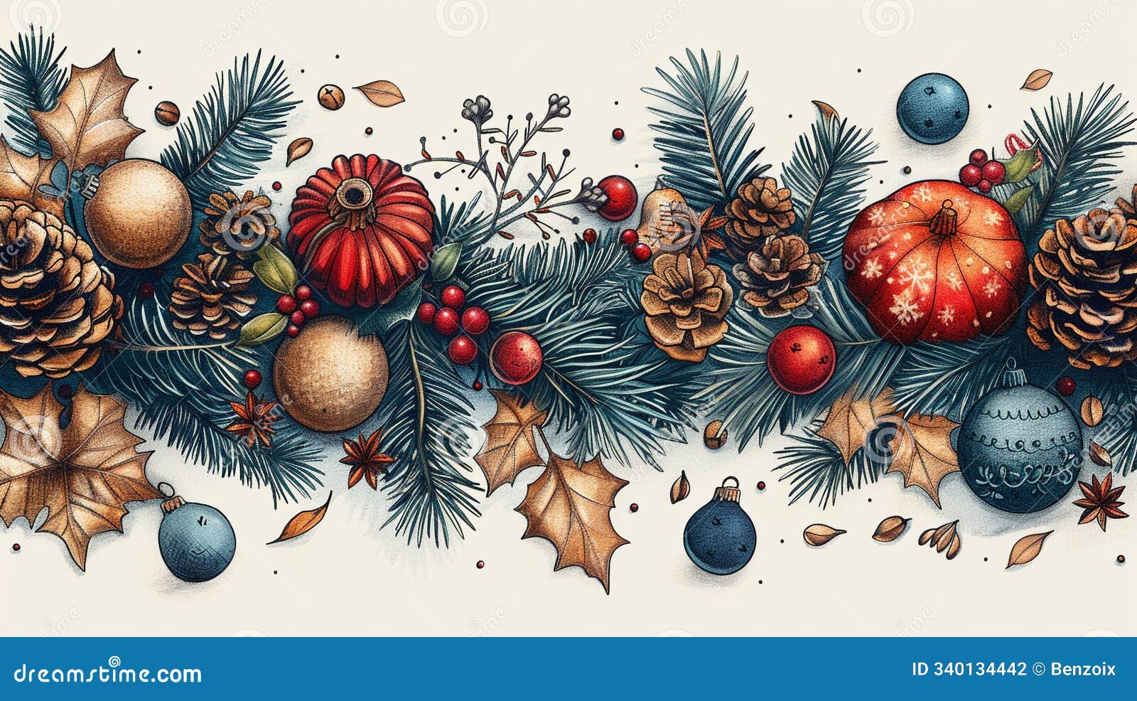 A Detailed Outline Drawing of Various Holiday Decorations. Stock Photo ...