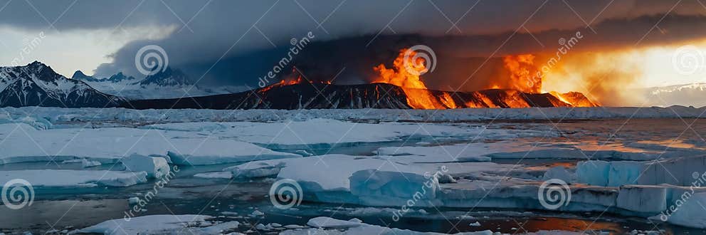 Detailed Panoramic View of a Land of Fire and Ice Ai Generated Stock ...