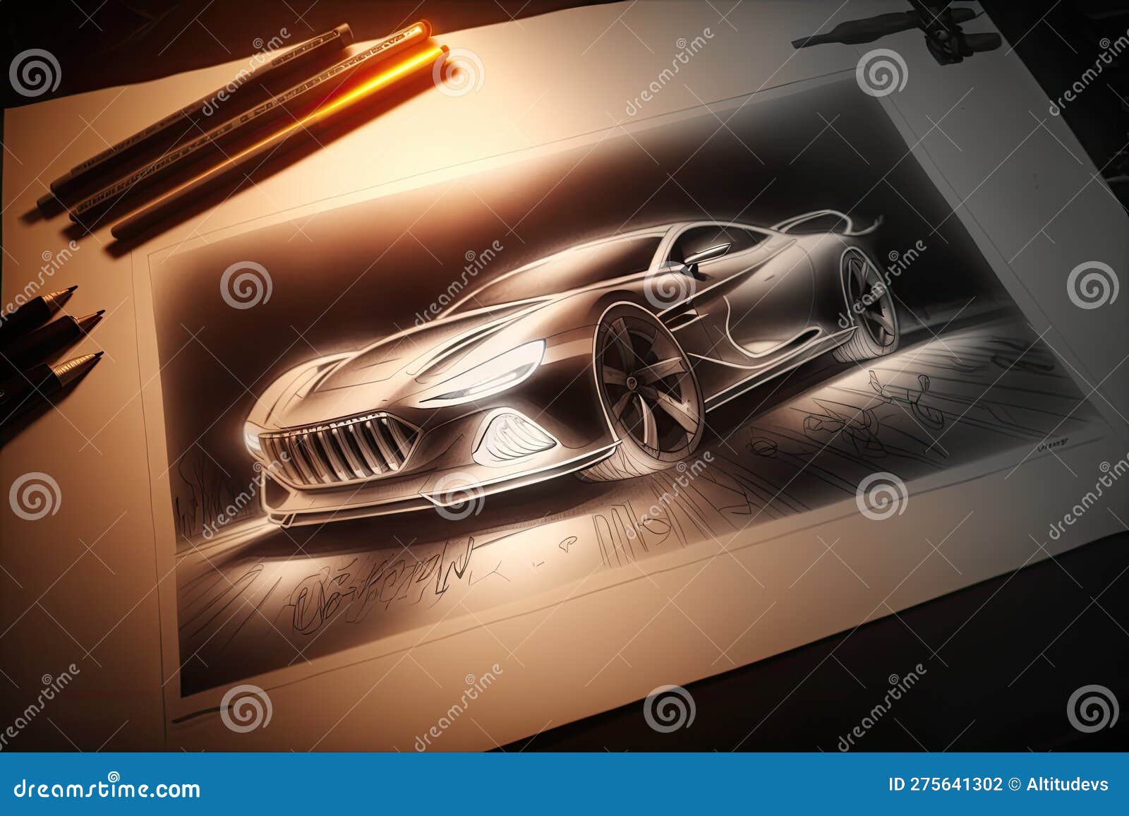 Detailed Pencil Sketch of Car Design with Creative Lighting and Shadows ...