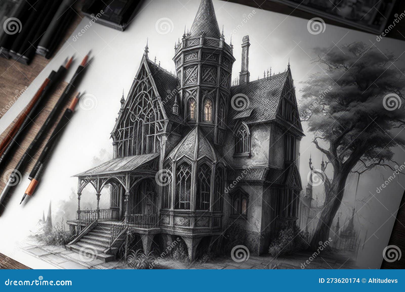 Detailed Pencil Sketch of Gothic House with Intricate Architecture and ... Detailed Pencil Sketch of Gothic House with Intricate Architecture and ...